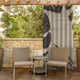 Outdoor Vorhang nach Ma&szlig; blickdicht - Palmenbl&auml;tter vor Hellgrau - grau Sonnenschutz Tropisch mit &Ouml;sen Pflanzen Balkon Pergola