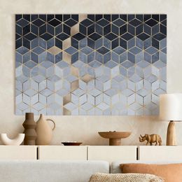 Bilderwelten Akustikbild originell gold Abstrakt Aquarell - Blau Wei&szlig; goldene Geometrie - Geometrisch Wohnzimmer Schlafzimmer