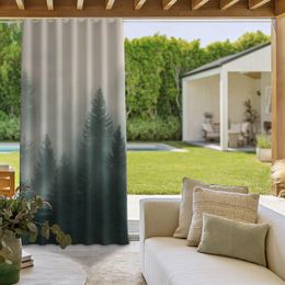 Outdoor Vorhang nach Ma&szlig; blickdicht - Nadelwald im Nebel - beige Wald Motiv mit &Ouml;sen B&auml;ume Balkon Pergola