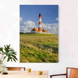Bilderwelten Akustikbild Strand gr&uuml;n Motiv Schallschutzbild - Leuchtturm in Schleswig-Holstein - Himmel Wohnzimmer Schlafzimmer