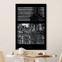 Bilderwelten Akustikbild Stadt schwarz weiss Motiv Schallschutzbild - Fensterausblick Paris - Nahe am Eiffelturm schwarz wei&szlig; - Architektur Wohnzimmer Schlafzimmer