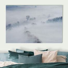 Bilderwelten Akustikbild Wald blau modern Schallschutzbild - K&uuml;hler Nebelmorgen - B&auml;ume Wohnzimmer Schlafzimmer