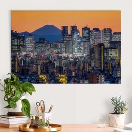 Bilderwelten Akustikbild Natur schwarz Motiv Schallschutzbild - Tokio mit dem Fuji am Abend - Skylines Wohnzimmer Schlafzimmer