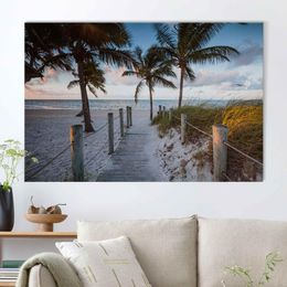 Bilderwelten Akustikbild Palmen am Steg zum Meer