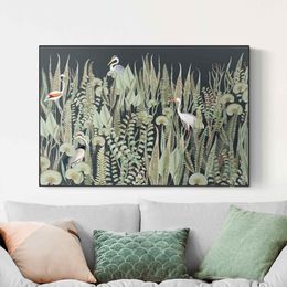 Akustik-Wechselbild Flamingo und Storch mit Pflanzen auf Gr&uuml;n