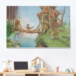 Bilderwelten Akustikbild Tiere braun Illustration Schallschutzbild - Wassili Waschb&auml;r - Wassili und Familie Fuchs - Wandbild Kinderzimmer Baby M&auml;dchen Jungen