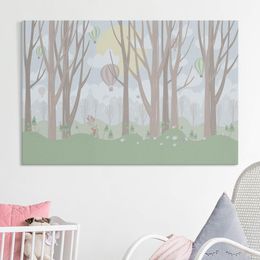 Bilderwelten Akustikbild Wald gr&uuml;n Illustration Schallschutzbild - Sonne mit B&auml;umen und Hei&szlig;luftballons - Ballon Kinderzimmer Baby M&auml;dchen Jungen