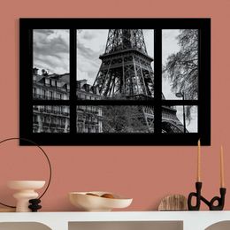 Akustikbild Fensterausblick Paris - Nahe am Eiffelturm schwarz wei&szlig;