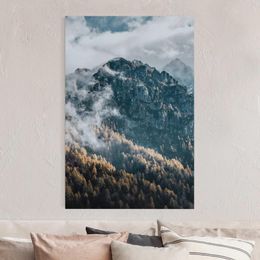 Bilderwelten Akustikbild Natur blau modern Schallschutzbild - Berge und Wald an einem Herbstmorgen - Berg Wohnzimmer Schlafzimmer