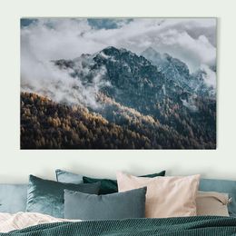 Bilderwelten Akustikbild Natur blau modern Schallschutzbild - Berge und Wald an einem Herbstmorgen - Berg Wohnzimmer Schlafzimmer