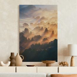 Bilderwelten Akustikbild Wald orange modern Schallschutzbild - Goldene Stunde im Nebel Wald - B&auml;ume Wohnzimmer Schlafzimmer