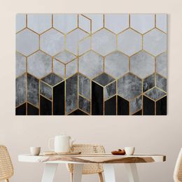 Bilderwelten Akustikbild Goldene Sechsecke Schwarz Wei&szlig;