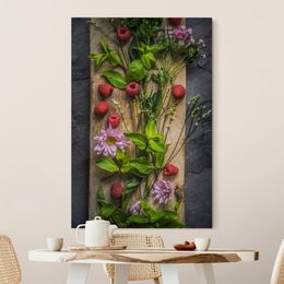 Bilderwelten Akustikbild Kulinarisch gr&uuml;n Motiv Schallschutzbild - Blumen Himbeeren Minze - Gew&uuml;rze & Kr&auml;uter K&uuml;che