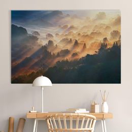 Bilderwelten Akustikbild Goldene Stunde im Nebel Wald