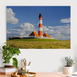 Bilderwelten Akustikbild Strand gr&uuml;n Motiv Schallschutzbild - Leuchtturm in Schleswig-Holstein - Himmel Wohnzimmer Schlafzimmer
