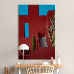 Bilderwelten Akustikbild Stadt rot Tropisch Schallschutzbild - Rote Architektur mit Kakteen - Architektur Wohnzimmer Schlafzimmer