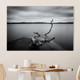 Bilderwelten Akustikbild Natur schwarz weiss Motiv Schallschutzbild - Sonnenuntergang am See schwarz-wei&szlig; - Sonnenuntergang Wohnzimmer Schlafzimmer
