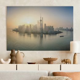 Bilderwelten Akustikbild Stadt orange Motiv Schallschutzbild - Pudong bei Sonnenaufgang - Architektur Wohnzimmer Schlafzimmer