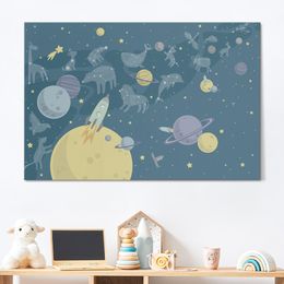 Bilderwelten Akustikbild Spirituell blau Illustration Schallschutzbild - Planeten mit Sternzeichen und Raketen - Himmel Kinderzimmer Baby M&auml;dchen Jungen