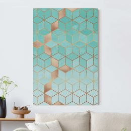 Bilderwelten Akustikbild originell t&uuml;rkis Abstrakt Aquarell - T&uuml;rkis Wei&szlig; goldene Geometrie - Geometrisch Wohnzimmer Schlafzimmer