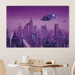 Bilderwelten Akustikbild Fahrzeuge violett Digital Art Schallschutzbild - Stadt im Neonlicht mit Raumschiffen - Fahrzeuge Jugendzimmer