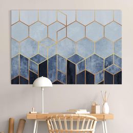 Bilderwelten Akustikbild originell blau Abstrakt Aquarell - Goldene Sechsecke Blau Wei&szlig; - Geometrisch Wohnzimmer Schlafzimmer