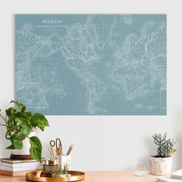 Bilderwelten Akustikbild Weltkarte blau modern Schallschutzbild - Weltkarte in Eisblau - Karten Wohnzimmer Schlafzimmer