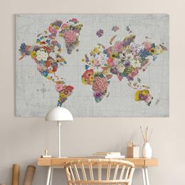 Bilderwelten Akustikbild Weltkarte beige Vintage Schallschutzbild - Botanische Weltkarte - Karten Wohnzimmer Schlafzimmer