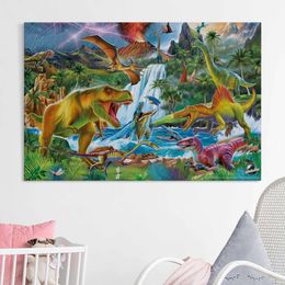 Bilderwelten Akustikbild bunt Illustration Schallschutzbild - Dinosaurier im Urzeitgewitter - Dinosaurier Kinderzimmer Baby M&auml;dchen Jungen