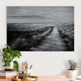 Bilderwelten Akustikbild Strand schwarz weiss Motiv Holzoptik - D&uuml;nenweg auf Sylt II - D&uuml;nen Wohnzimmer Schlafzimmer