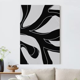 Bilderwelten Akustikbild originell schwarz weiss Abstrakt Schallschutzbild - Schwarze Blattstrukturen mit wei&szlig;en Linien - Wandbild Wohnzimmer Schlafzimmer
