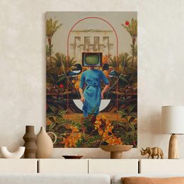 Bilderwelten Akustikbild Blumen bunt Fotomontage Schallschutzbild - Retro Dschungel Fernseher - V&ouml;gel Wohnzimmer Schlafzimmer