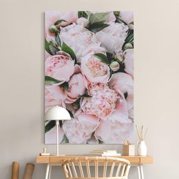 Bilderwelten Akustikbild Rosa Pfingstrosen mit Bl&auml;ttern