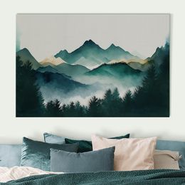 Bilderwelten Akustikbild gr&uuml;n Illustration Aquarell - Aquarellierte Berglandschaft - Wandbild Wohnzimmer Schlafzimmer