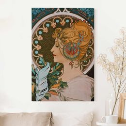 Bilderwelten Akustikbild originell beige Vintage Schallschutzbild - Alfons Mucha - Die Feder - Ornamente Wohnzimmer Schlafzimmer