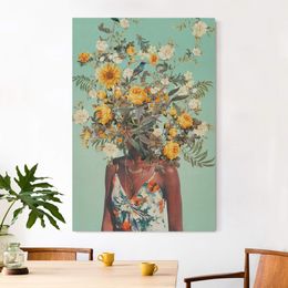 Bilderwelten Akustikbild Blumen t&uuml;rkis modern Schallschutzbild - Blumen Portr&auml;t - Gelbe Rosen - Wandbild Wohnzimmer Schlafzimmer