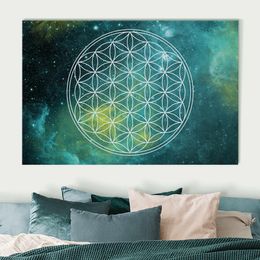 Bilderwelten Akustikbild Spirituell gr&uuml;n Illustration Schallschutzbild - Blume des Lebens im Lichtermeer - Himmel Wohnzimmer Schlafzimmer