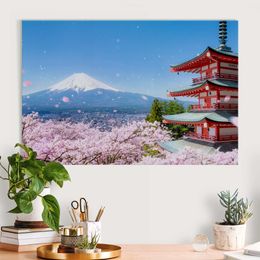 Bilderwelten Akustikbild Blumen blau Motiv Schallschutzbild - Chureito Pagode und Fuji - Kirschbl&uuml;te Wohnzimmer Schlafzimmer
