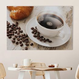 Bilderwelten Akustikbild Dampfende Kaffeetasse mit Kaffeebohnen