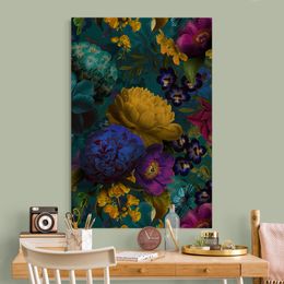 Akustikbild Gelbe Bl&uuml;ten mit Blauen Blumen vor T&uuml;rkis II