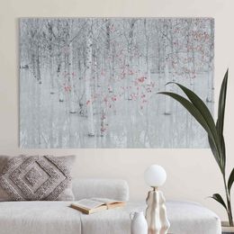 Bilderwelten Akustikbild Wald grau modern Schallschutzbild - Birkenwald mit rosa Bl&auml;ttern - B&auml;ume Wohnzimmer Schlafzimmer