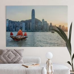 Bilderwelten Akustikbild Natur rot Motiv Schallschutzbild - Dschunke im Victoria Harbour - China Wohnzimmer Schlafzimmer