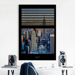 Bilderwelten Akustikbild Stadt bunt Motiv Schallschutzbild - Fensterausblick Jalousie - Sonnenaufgang New York - Architektur Wohnzimmer Schlafzimmer