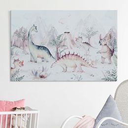 Bilderwelten Akustikbild originell bunt modern Aquarell - Aquarell Dinowelt - Dinosaurier Kinderzimmer Baby M&auml;dchen Jungen