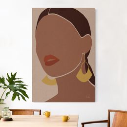 Bilderwelten Akustikbild Portrait braun Illustration Schallschutzbild - Goldene F&auml;cher-Ohrringe - Wandbild Wohnzimmer Schlafzimmer