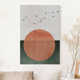 Bilderwelten Akustikbild Natur rot modern Aquarell - Vogelschwarm vor aufgehender Sonne - Sonnenuntergang Wohnzimmer Schlafzimmer
