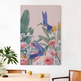 Bilderwelten Akustikbild Blumen bunt Tropisch Schallschutzbild - Kolibris und rosa Bl&uuml;ten - V&ouml;gel Wohnzimmer Schlafzimmer