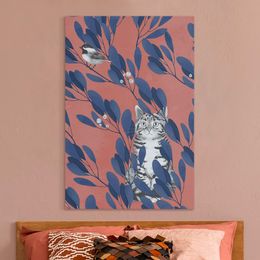 Akustikbild Illustration Katze und Vogel auf Ast Blau Rot