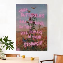 Bilderwelten Akustikbild Tiere rosa Vintage Schallschutzbild - Schmetterlinge im Bauch - Retro Wohnzimmer Schlafzimmer