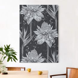 Bilderwelten Akustikbild Blumen grau Vintage Schallschutzbild - Florale Eleganz Vintage Strelitzie - Retro Wohnzimmer Schlafzimmer